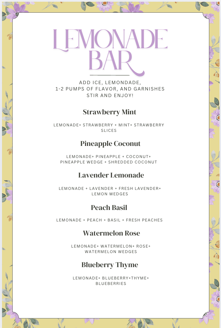 Lemonade Bar Printable - Perfect for Parties, Weddings & Baby Showers
